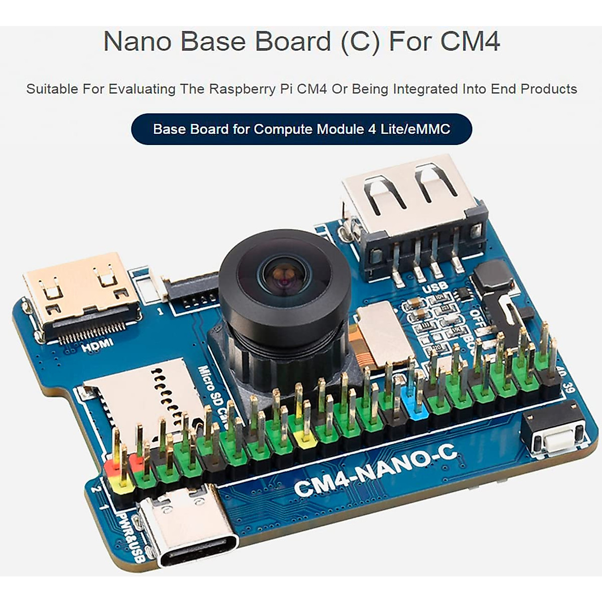 Nano Base Board (C) for Compute Module 4, Same Size as CM4, with Multiple Peripheral Interfaces Onboard 8MP Camera Module with 160°FOV