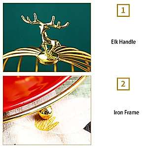 XENITE Dessert Bird Cage Cake Stand for Dessert Table Gold Metal Cosmetics Dessert Display Holder W/Ceramic Tray & Elk Top for Celebrations Home Decorations Fruit Plate