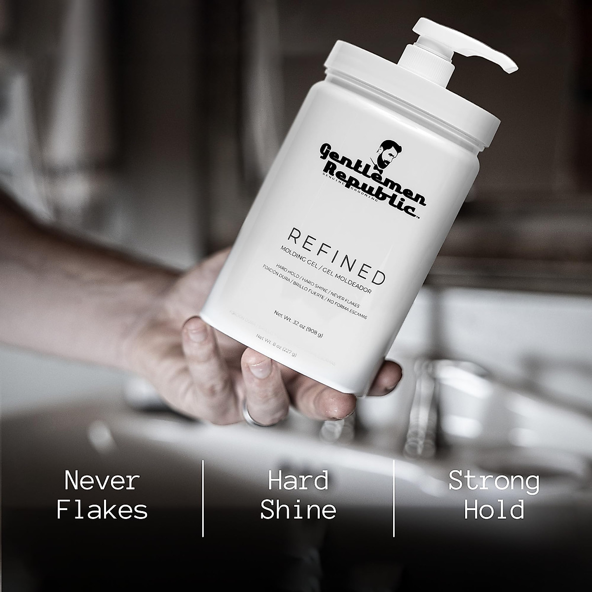 Gentlemen Republic 32oz Refined Hair Gel - Professional Formula for 24 Hour Shine and Hold, Humidity Resistant, 100% Alcohol-Free and Never Flakes, Made in the USA - With Pump