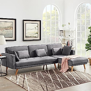 Penifun L Shaped Couch Sectional Sofa 3 seat Set for Living Room, 104.5" W 3 Seater Right Chaise Lounge, Convertible Folding Futon Bed Sleeper with 3 Pillows & 3 Backrest Settings-120°/150°/180°, Gray