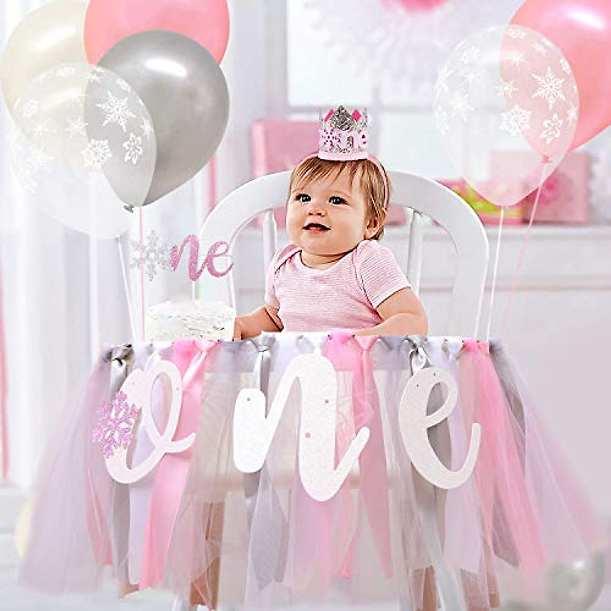 Winter Alderland Snow High Chair Tutu - 1st Birthday high Chair Banner, Smash Cake Photo Props, Winter Wonderland Snowflake Design ONE, 1st Birthday Photo Background. (Snowflake)
