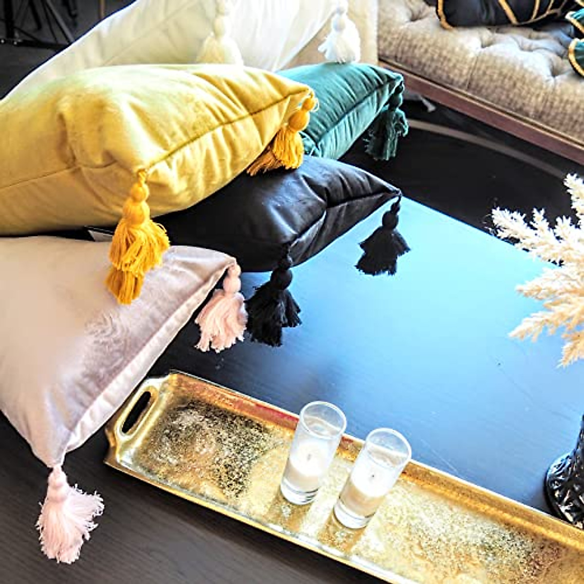 maia Homes Extra Skinny Velvet Lumbar Pillow with Tassels for Living Room, Bedroom, Sofa, Couch and Travel (Long Pillow Cover Only, Pink)