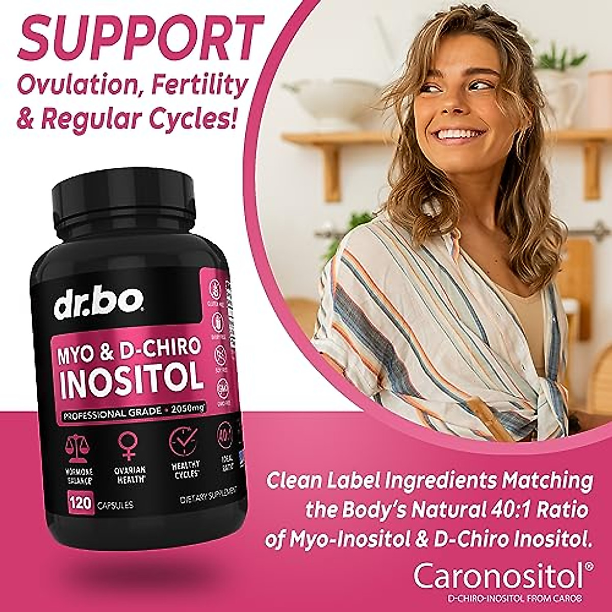 Myo-Inositol & D-Chiro Inositol Supplement Capsules - 40:1 Ratio Hormone Balance for Women with Vitamin B8 - Fertility Supplements for Women to Regulate Menstrual Cycle, Support Ovarian Health & PCOS
