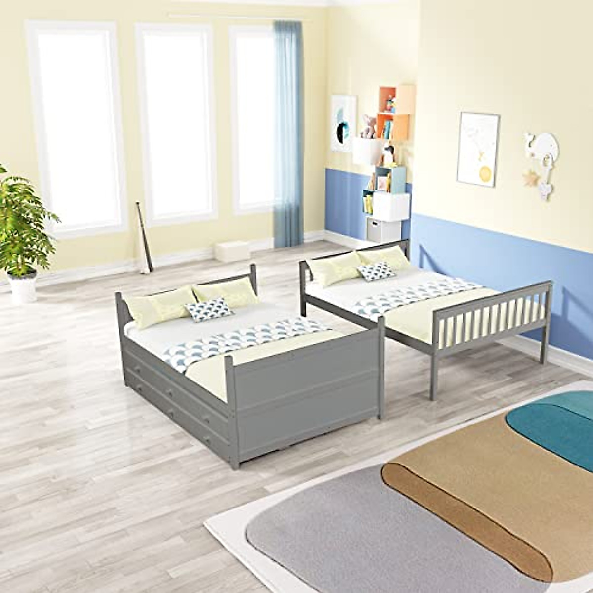 OUYESSIR Full Over Full Bunk Bed with Trundle and 3 Drawers, Full Size Bunk Beds Convertible to 2 Platform Beds, Solid Wood Bunk Bed with Twin Size Trundle and 3 Storage Drawers (Grey, Ladder)