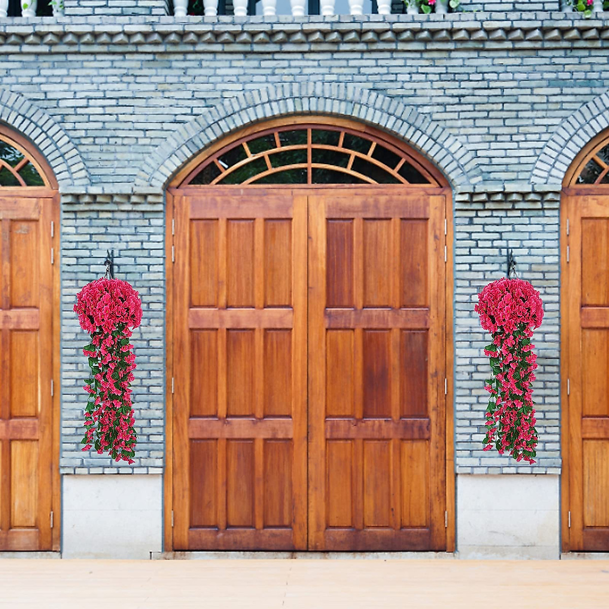 AUKUZI Artificial Hanging Flowers for Outdoor, 2 Pack Violet Ivy Fake Hanging Plant & Flowers for Home Wedding Garden Yard Hanging Baskets Wisteria Garland Orchid Bunch Decoration(Rose Red)