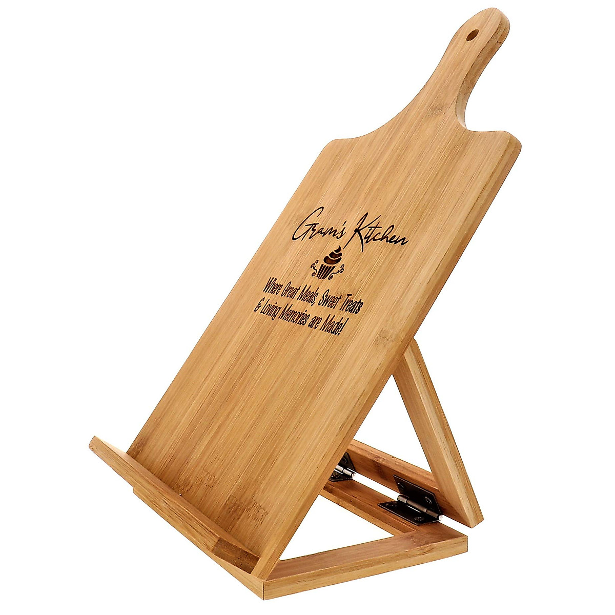Gram’s Recipe Cookbook Holder Stand Gift - Custom Engraved Bamboo Cutting Board Foldable Chef Easel Metal Hinges Kickstand iPad Tablet Compatible Christmas Birthday Kitchen Decor Design (7.25x13.5)