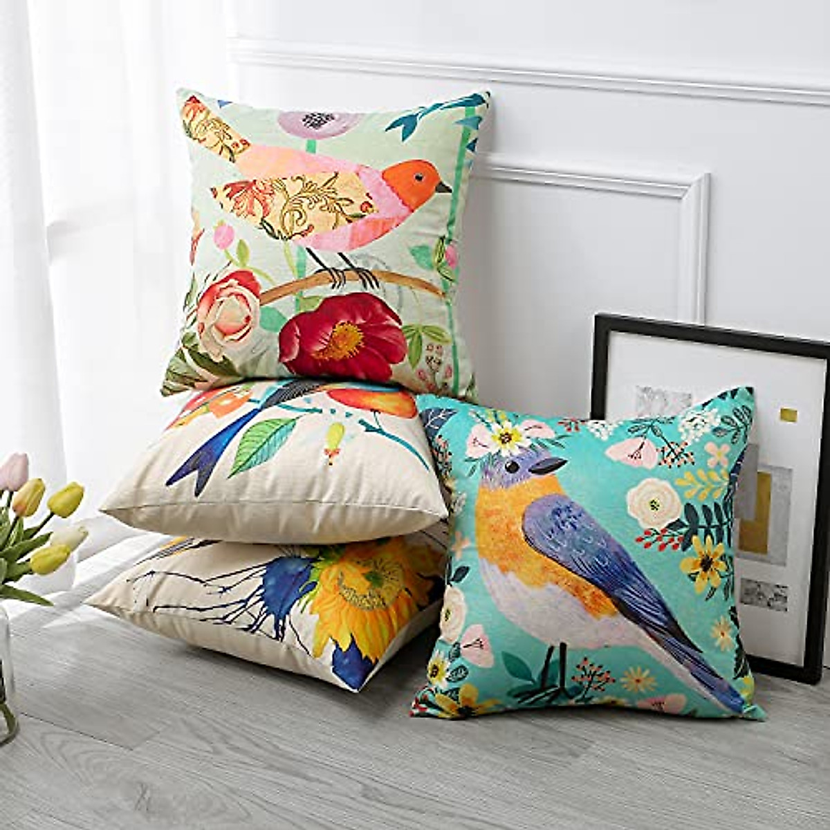 Artscope Set of 4 Decorative Throw Pillow Covers 18x18 Inches, Retro Flowers and Birds Waterproof Cushion Covers, Perfect to Outdoor Patio Garden Living Room Sofa Farmhouse Decor