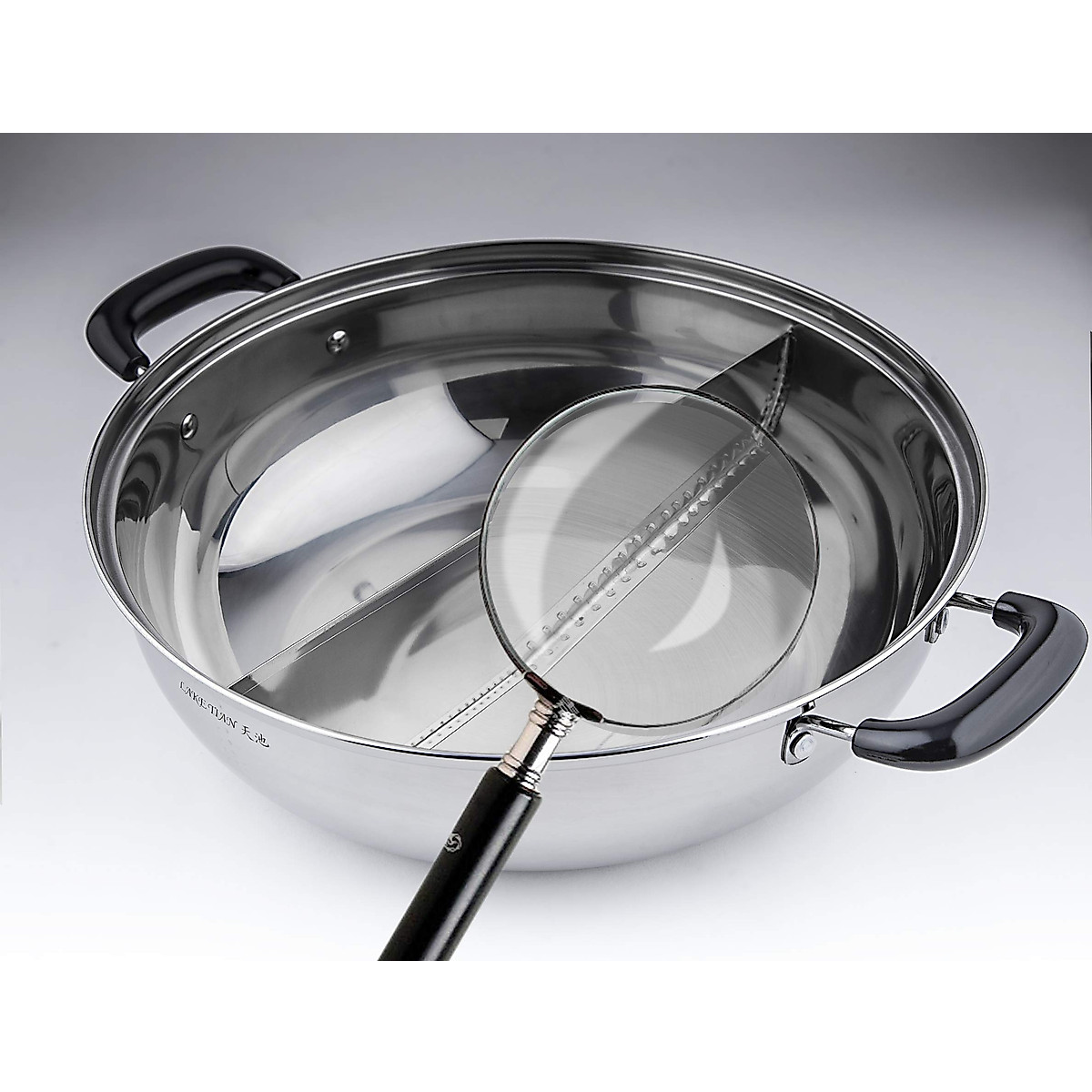 Lake Tian Stainless Steel Shabu Shabu Hot Pot, Dual Sided Yin Yang Hot Pot with Divider Include 3 Pot Spoons, 12 Inch 30 cm鸳鸯火锅