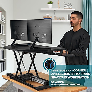 VERSADESK 36" Corner Standing Desk Converter, PowerPro Electric Height Adjustable Desk Riser for Standing or Sitting, Keyboard Tray, USB Charging Port, Holds 80 lbs, Black