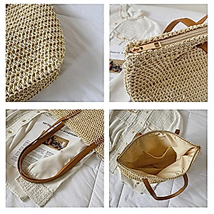 Large Straw Beach Bag for Womens, Straw Handbag Woven Tote Bag With Zipper Summer Straw Shoulder Bag (Beige)