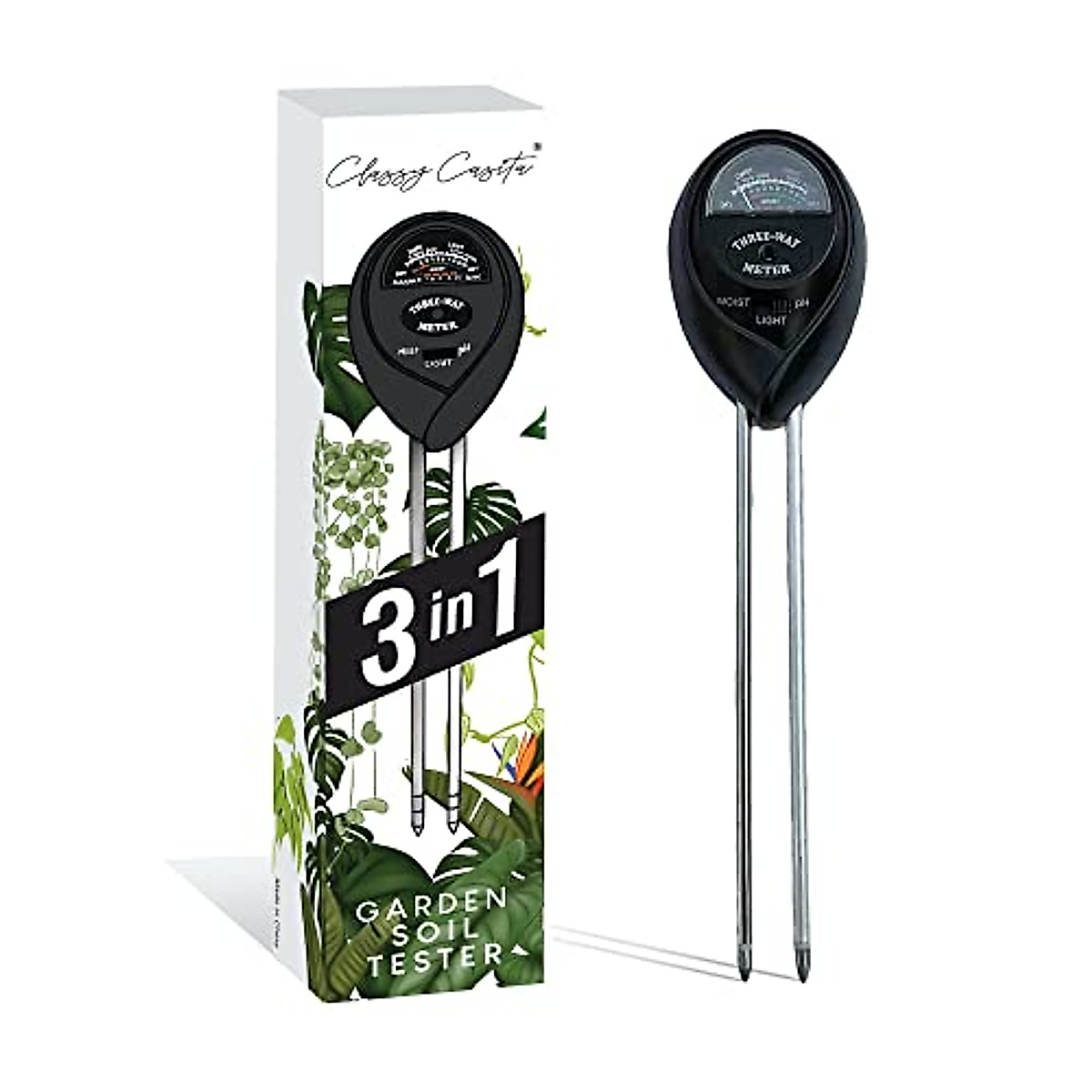 Classy Casita 3-in-1 Garden Soil Tester- Three Way Plant Soil Test Kit to Measure Soil Moisture, pH-Value, and Sunlight, Indoor and Outdoor Measuring Tool for House, Garden, Lawn,& Farm, Black.