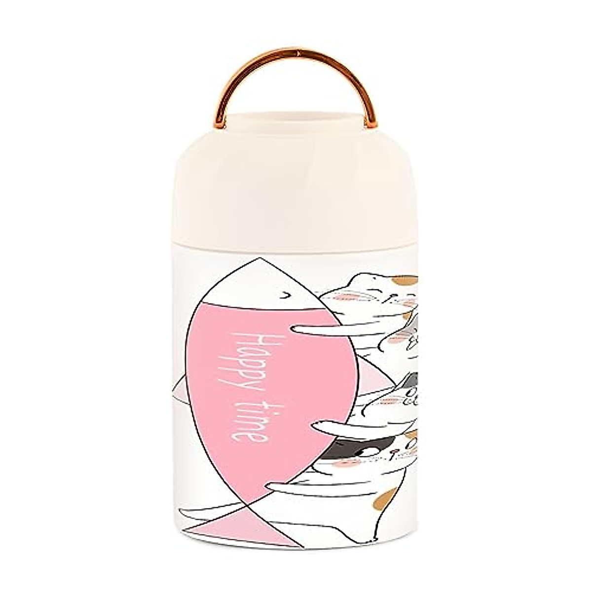 CUPADA Funny Cat Fish Food Jar, Happy Time Summer Insulated Hot Food Jars Vacuum 17OZ with Folding Spoon for Work Trip Picnic Camping