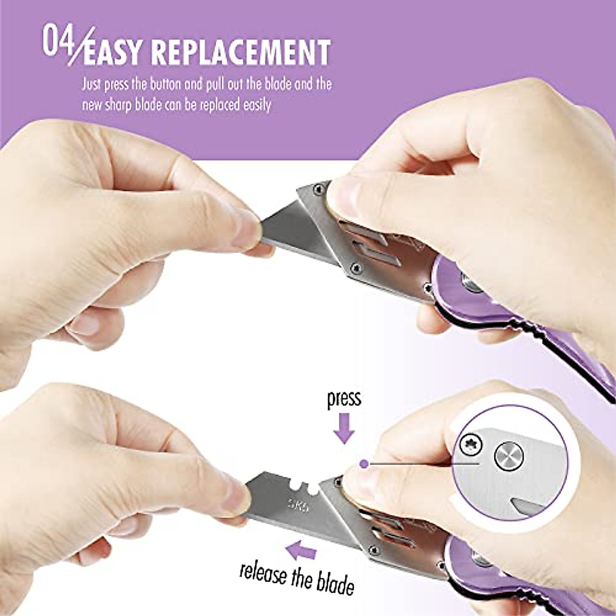 FantastiCAR Folding Box Cutter, Quick Blade Change Utility Knife, with Anti-slip Metal Body, Safety Lock, 5 Extra Blades (Purple Streamline)