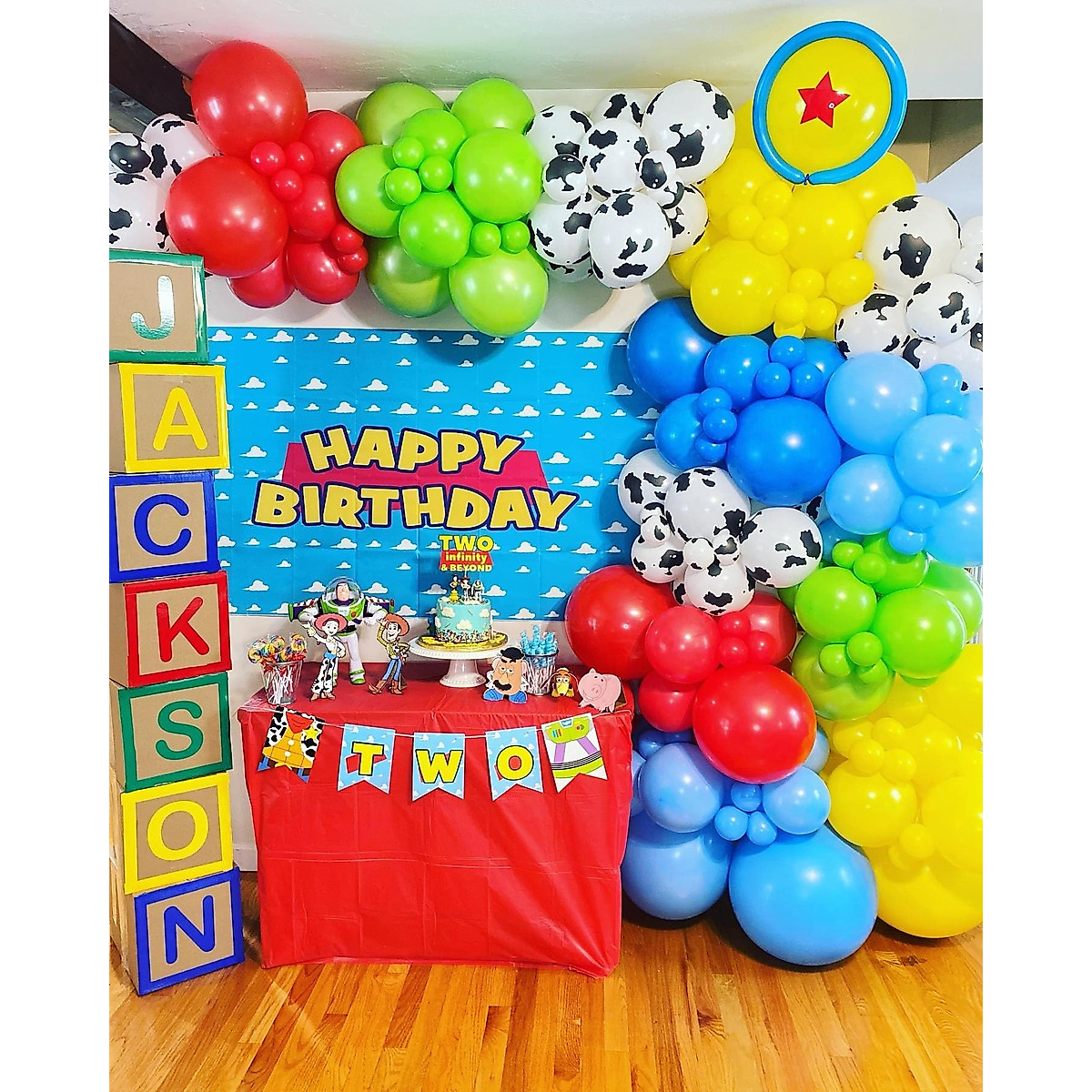 Toy Inspired Story Balloon Garland Kit Cow Pattern Printed Blue Yellow Red Green Latex Balloons for Kids Birthday Party, Kids Toy Inspired Story Theme Birthday Party Supplies Decorations