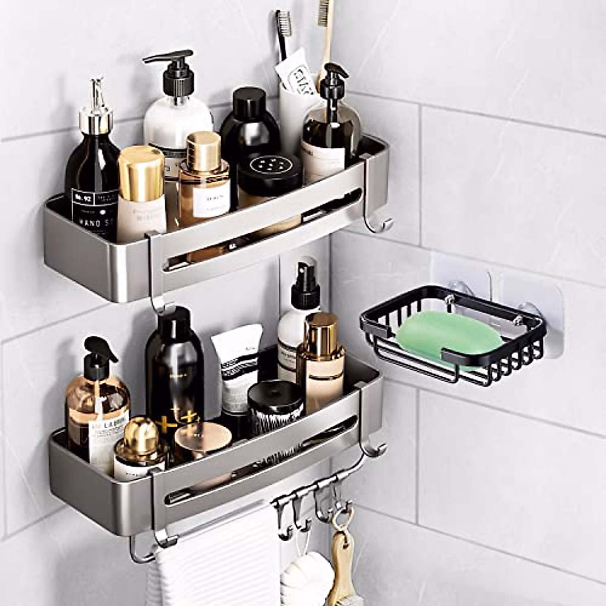 LBW 3 Packs Shower Caddy No Drilling Shower Rack for Bathroom Shower Organizer with Soap Holder and Hooks&Adhesive for Bathroom,Kitchen，Rustproof Shower Shelves for Inside Shower(pack of 3)