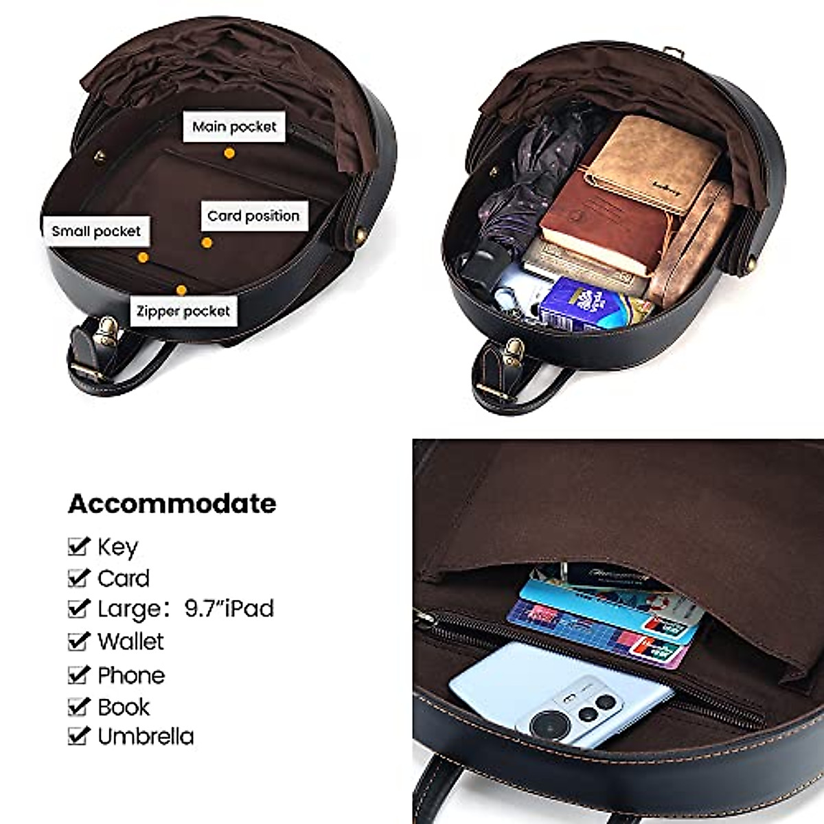 JUGTL Backpack Men's Backpack Crazy Horse Leather Retro Beetle Style Schoolbag Leather Men's Bag Travel Backpack (Oil-waxed Black Tuba)