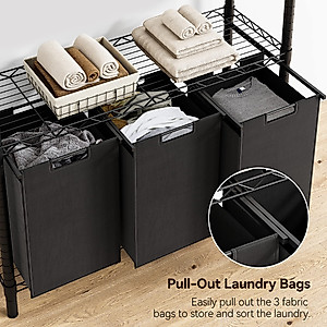 Laundry Sorters 3 Section with 3 X 45L Laundry Bags, 2 Tier Adjustable Metal Storage Shelf, Pull-Out & Removable Oxford Fabric Laundry Baskets, Black