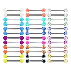 Mayhoop 14G 36Pcs Stainless Steel Nipple Rings Tongue Rings Straight Barbell Bars Piercing 16mm in Length For Women Men