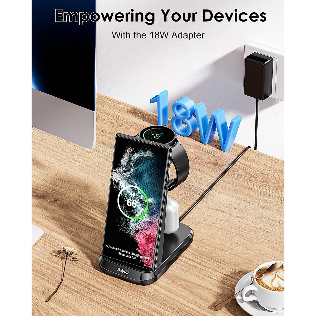 Wireless Charger for Samsung Phones Watch Earbuds (Not for Samsung Z Flip & A Series), SWIO 3 in 1 Charging Station for Samsung Watch 6/5/4/3, S24 S23 S22 S21 S20 /Note 20 10/ Z Fold 4 3, Buds/2/Pro