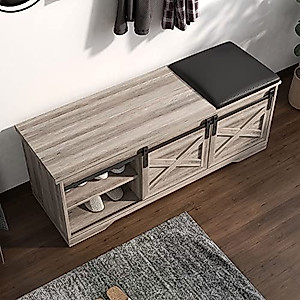 IANIYA Shoe Storage Bench, Bamboo Shoe Rack Organizer with Cushion for Entryway, 3-Tier Shoe Shelf Cabinet with 10 Compartments, Holds 150 lb (Antique Gray + Particle Board)