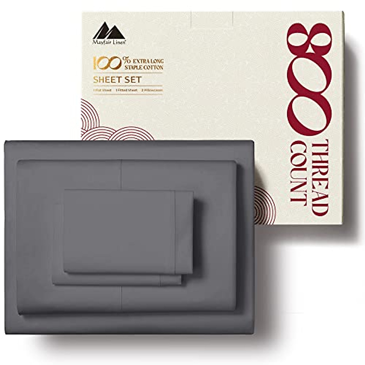 Mayfair Linen 100% Egyptian Cotton Sheets Queen Size - 800 High Thread Count Sheets Queen, 4 PC Luxury Hotel Sheets for Queen Size Bed, 16" Deep Pocket Sateen Soft Cooling Bedding Sets - Dark Grey