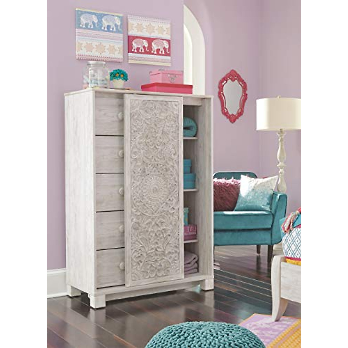 Signature Design by Ashley Paxberry Boho 5 Drawer Dressing Chest with Slider Door & 3 Adjustable Shelves, Whitewash