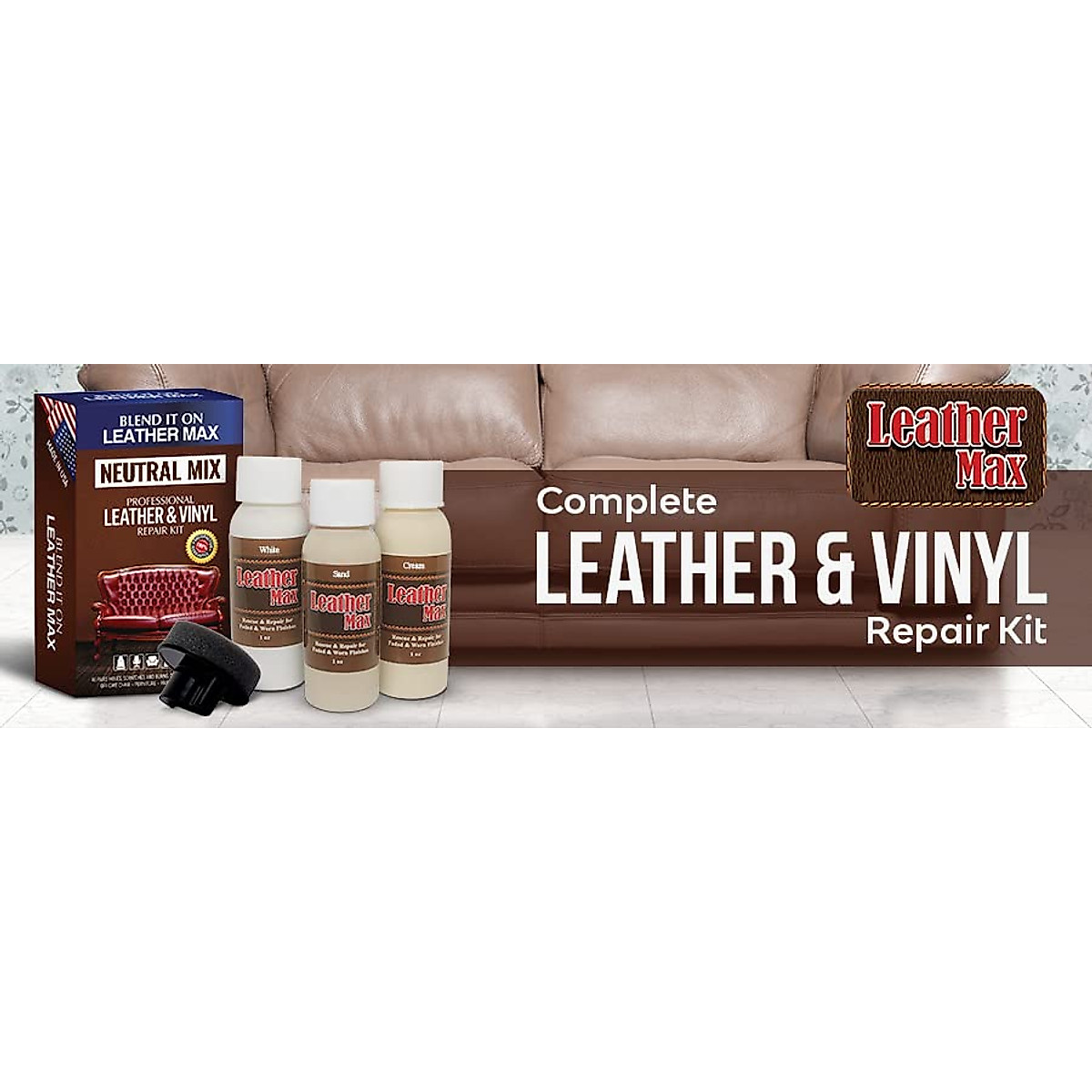 Leather Max Quick Blend Refinish and Repair Kit, Restore Couches, Recolor Furniture & Repair Car Seats, Jackets, Sofa, Boots / 3 Color Shades to Blend with/Leather Vinyl Bonded and More (Neutral Mix)