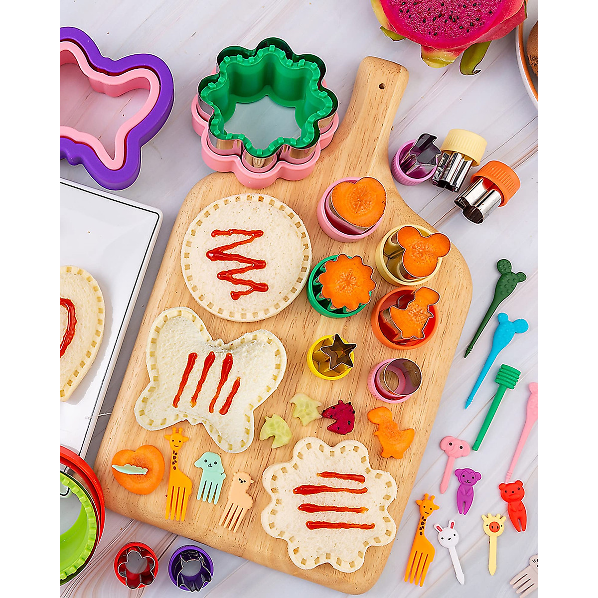 Sandwich Cutter for Kids 48 Pcs, Kimfead Cookie Cutters, Fruit Vegetable Cutter Shapes, Food Picks for Bento Box, Mouse Dinosaur Star Square Heart Shape