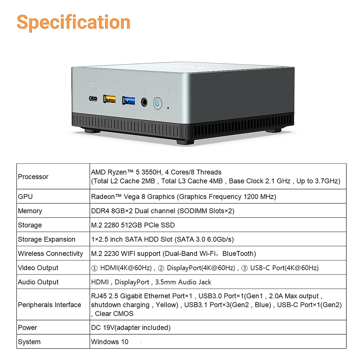 COOFUN UM350 Mini PC AMD Ryzen 5 3550H Mini Computer DDR4 16 GB RAM 512 GB PCle SSD, Radeon Vega Graphics, Dual Band WiFi HDMI/DisplayPort/USB-C, 2.5G RJ45 LAN, 4X Ports USB 3.0