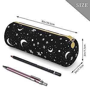 YANGDADA Black Moons White Stars Leather Cylinder Pencil Case, Pencil Pouch Medium Capacity Portable Multifunction Pen Bag For Girls Boys Kids Teen