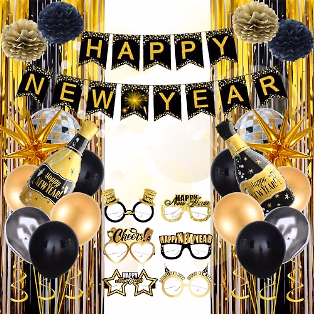 Enanal New Year Decoration, 2024 New Year Eve Black and Gold Foil Fringe Backdrop,Happy New Year Banner,Disco Ball Champagne Exploding Star Foil Balloons,Latex Balloons and Glasses