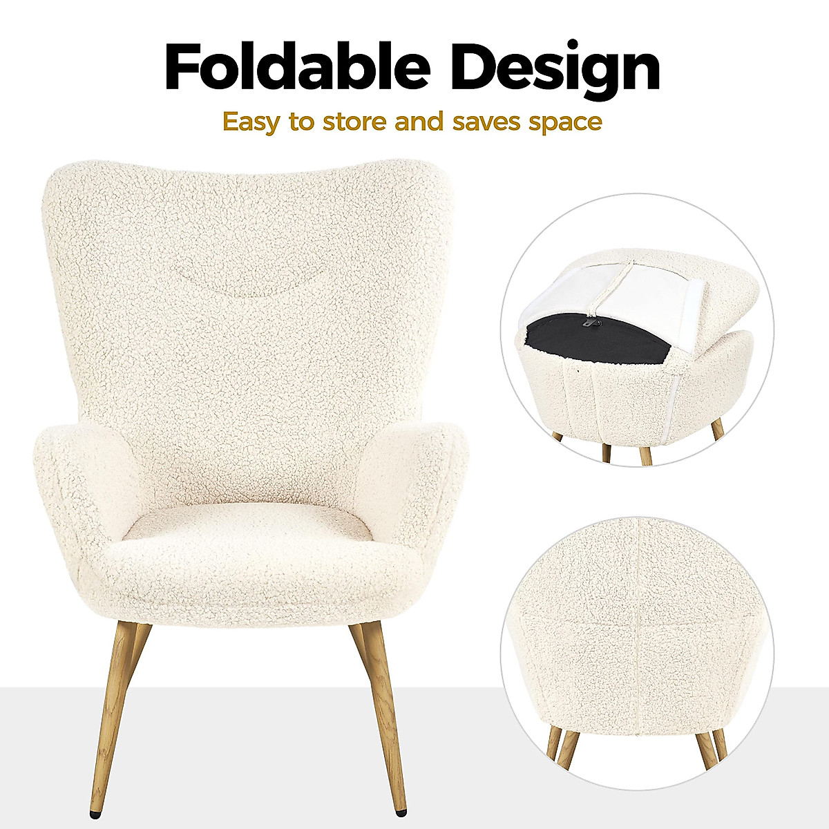 Topeakmart Accent Chair, Mid-Century Modern Boucle Upholstery Chair with Wood-Tone Metal Legs and Folding Backrest for Living Room Bedroom Waiting Room, Ivory