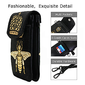 MNSRUU Leather Crossbody Bag Golden Bee Crown Bumblebee Cell Phone Pouch Wallet with Credit Card Slots Small Shoulder Bag with Strap for Women
