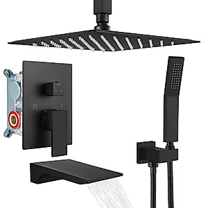 gotonovo Rain Mixer Shower Faucet Set Combo with Waterfall Tub Spout Rain Shower System Ceiling Mount Rainfall Shower Head with Handheld Spray Rough-in Valve and Trim Included Matte Black 12''