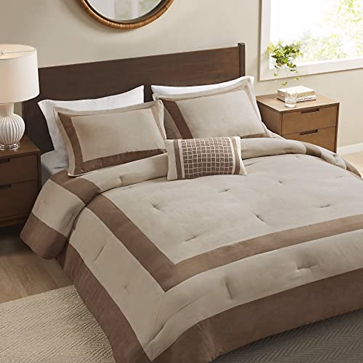 Madison Park Darcey Cozy Comforter Set, Faux Suede, Deluxe Hotel Styling All Season Down Alternative Bedding Matching Shams, Decorative Pillow, King/Cal King(104 in x 92 in), Border Taupe 4 Piece