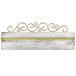 MyGift Vintage Whitewashed Wood Wall Mounted Sunglasses Rack, Entryway Glasses Holder Eyewear Display with Rail Hanger and Scrollwork Brass Tone Metal Design