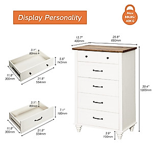 WAMPAT Tall Dressers for Bedroom with 5 Drawers, Kids Dresser Nursery Dresser Organizer with Wide Chest of Drawers, Mid Century Modern Wooden Closet for Living Room, Kids Room, Hallway, White