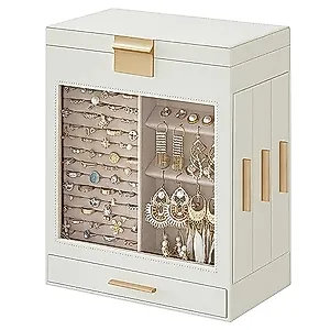 SONGMICS Jewelry Box with Glass Window, 5-Layer Jewelry Organizer with 3 Side Drawers, Jewelry Storage, with Vertical Storage Space, Big Mirror, Modern Style, Cloud White and Gold Color UJBC162W01