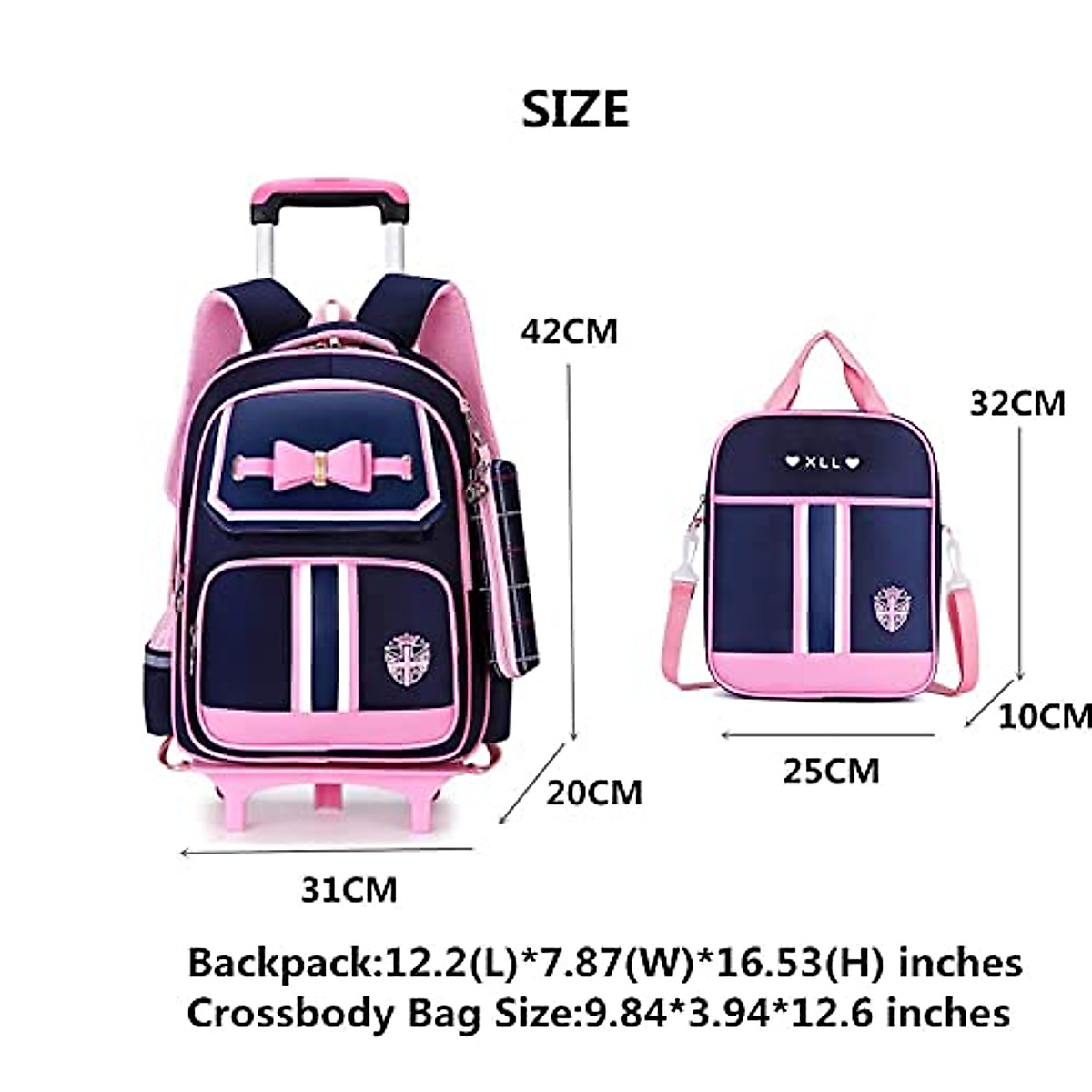 ZHANAO Rolling Trolley Bag Wheeled Backpack Bowknot for Girls Primary Schoolbag 3Pcs with Crossbody Bag Pencil Case