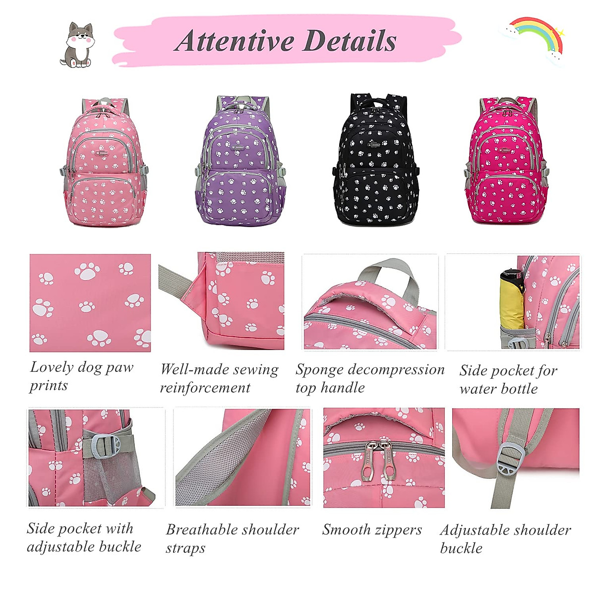 3Pcs Dog-Paw Prints Backpack and Lunch-Bag Set for Girls Middle School-Bag Elementary Bookbag Casual Daypack