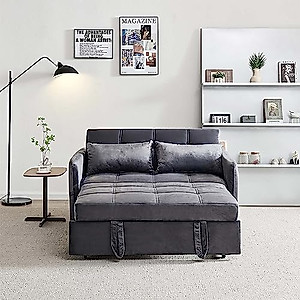 Antetek 3-in-1 Sleeper Sofa Bed w/USB Port, Modern Convertible Tufted Velvet Upholstered Pull Out Futon Couch, 55.5" W Small Loveseat Sofa for Office Living Room Small Space, Grey