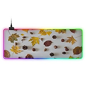 Large RGB Gaming Mouse Pad Autumn Falling Leaves Chestnuts Acorns Isolated Glowing Extended Mousepad 31.5x11.8in, Soft Anti-Slip Rubber Base Luminous Mouse Mat for Pc Laptop, Gaming, Office, Home