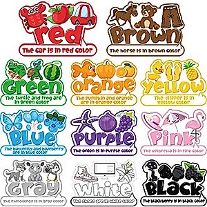11 Pieces Color Poster for Preschool Classroom Bulletin Board Set Fruit Animal Vegetable Words Learning Color Cutouts with 100 Pcs Glue Point for Toddler Kid Classroom Decorations, 16.5 x 11.5 Inch