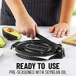 Zulay Cast Iron Tortilla Press 8 Inch - Pre Seasoned with 100 Pieces Parchment Paper - Heavy Duty Roti Maker and Flour Tortilla Press for Quesadilla, Naan, Chapati, Samosa, Poori, Saj Bread, Lahmacun