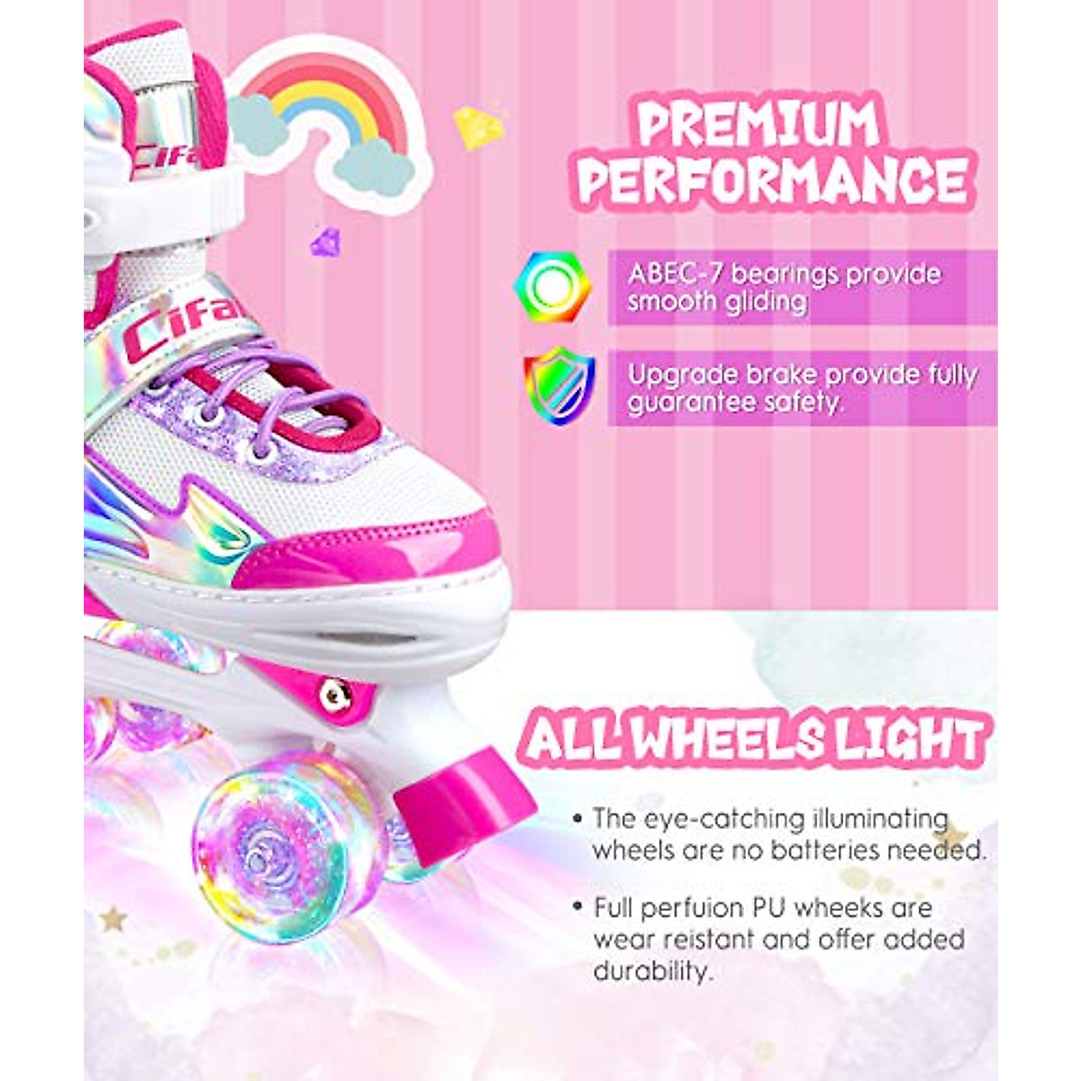 Roller Skates for Girls Boys Kids, Black Pink Purple 4 Sizes Adjustable Kids Roller Skates with Light up Wheels and Shining Upper Design, Roller Skates for Toddler Kids Ages 4-13