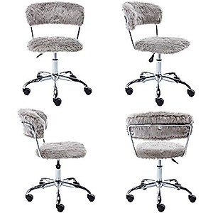 Grey Comfy Home Office Chair, Modern Cute Fluffy Armless Task Chair with Wheels, Faux Fur Upholstery