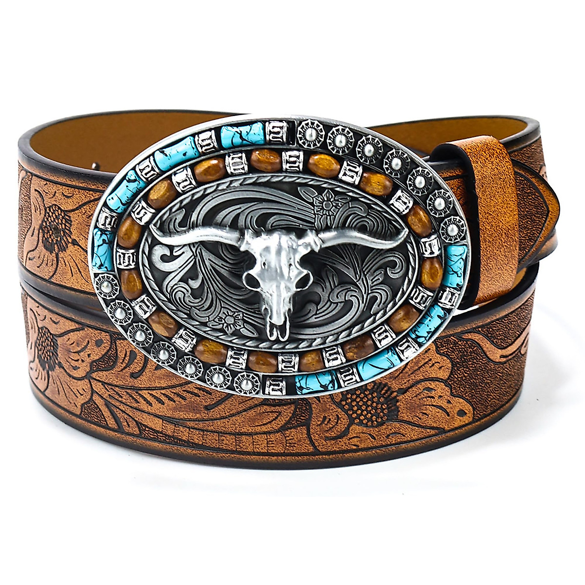 FGSS Western-Cowboy-Leather-Belts for Women Turquoise-Oval-Buckle Embossed Cowgirl Belt for Jeans Pants