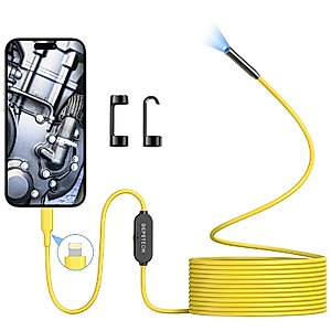 DEPSTECH Endoscope Camera with Lights, 7mm Slim Probe Borescope Inspection Camera with Bluart 3.0 Tech, 16.4ft Semi-Rigid Cable, IP67 Waterproof Snake Camera for IOS 12.0+ Device,Gadget for Men-Yellow