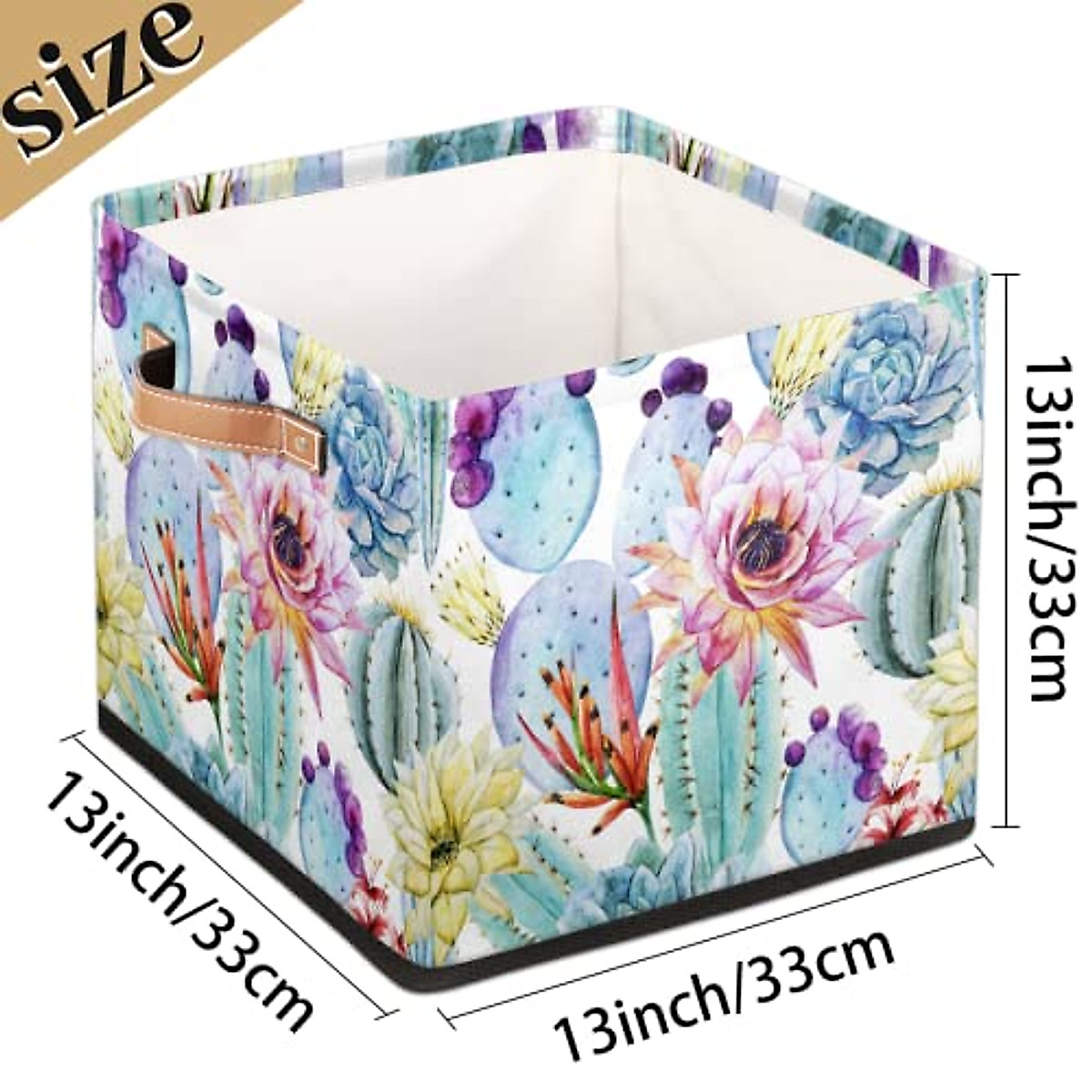 Floral Cactus Plant Cube Storage Bins 13 Inch Fabric Storage Basket Square Storage Bins Collapsible Nursery Storage Bin Organizer Basket Storage Box for Shelves, Closet