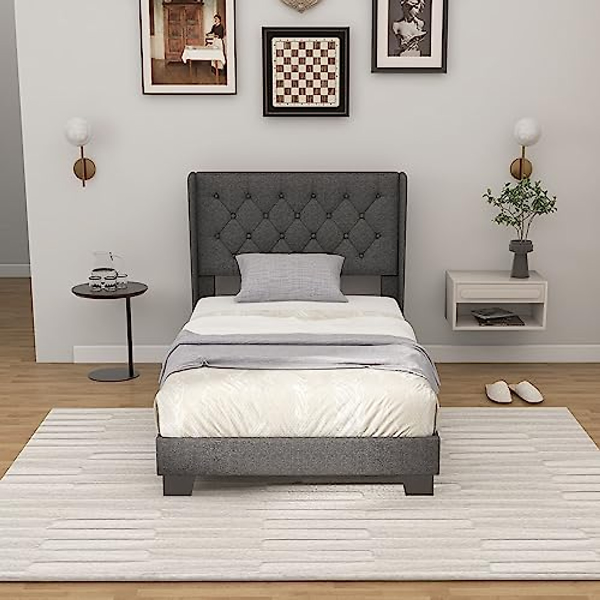 Giantex Twin Bed Frame with Button Tufted Headboard, Modern Fabric Upholstered Platform Bed with Wingback Design, Solid Wooden Slats Support Mattress Foundation, No Box Spring Needed, Grey